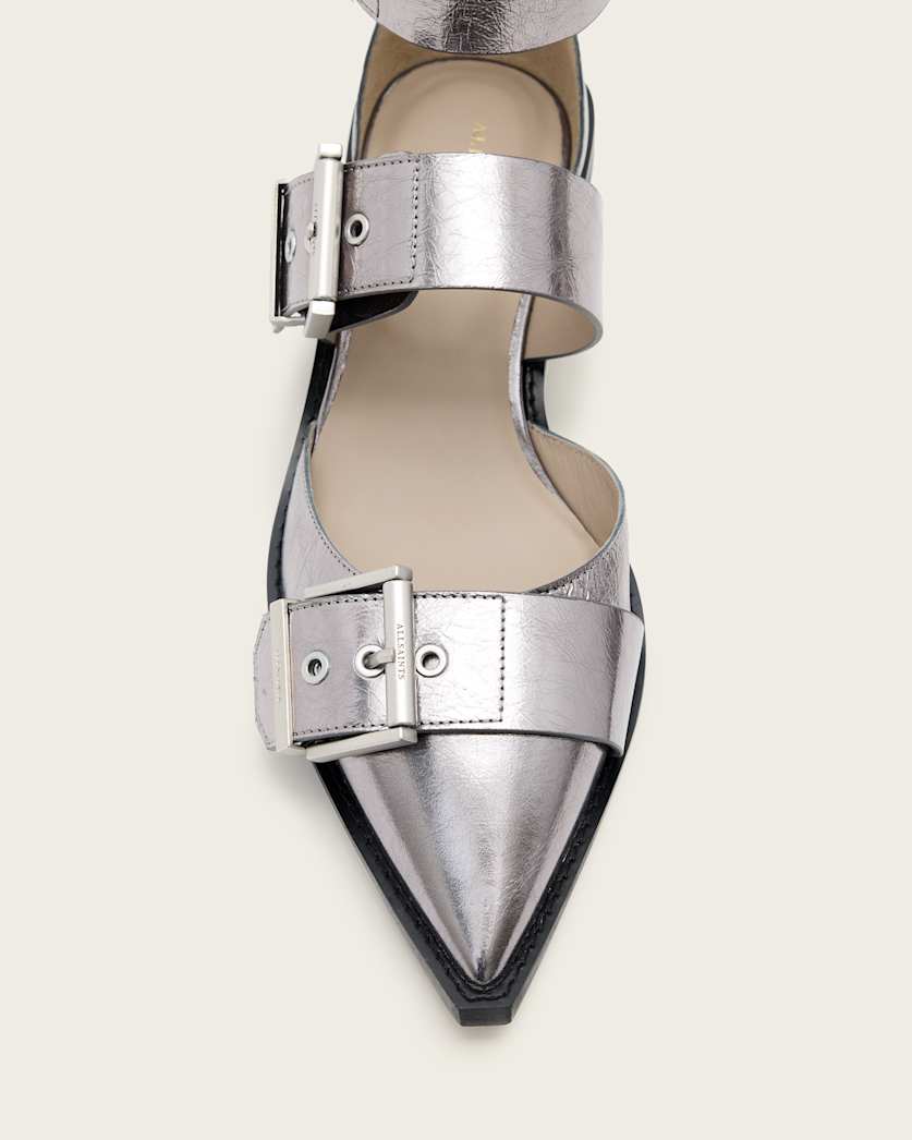 Sutton Metallic Leather Point Toe Shoes Gunmetal Grey | ALLSAINTS